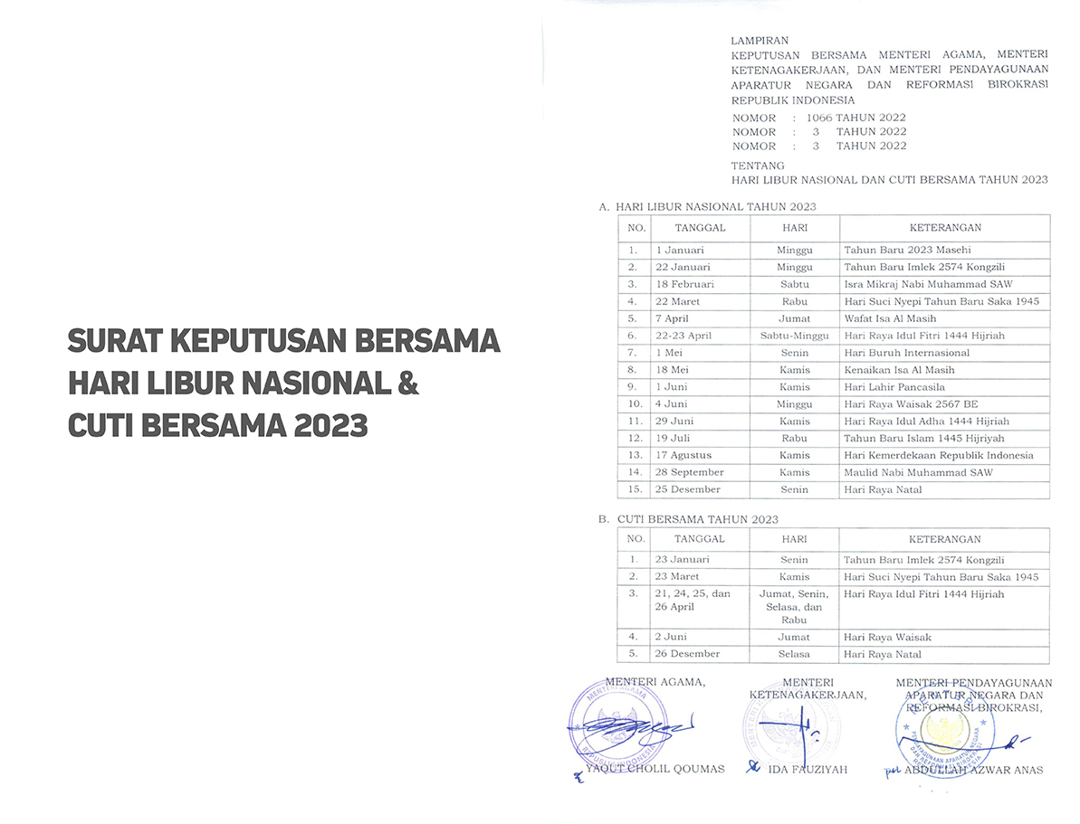 Hari Libur Nasional 2023 Dan Cuti Bersama 2023, SKB Libur Nasional
